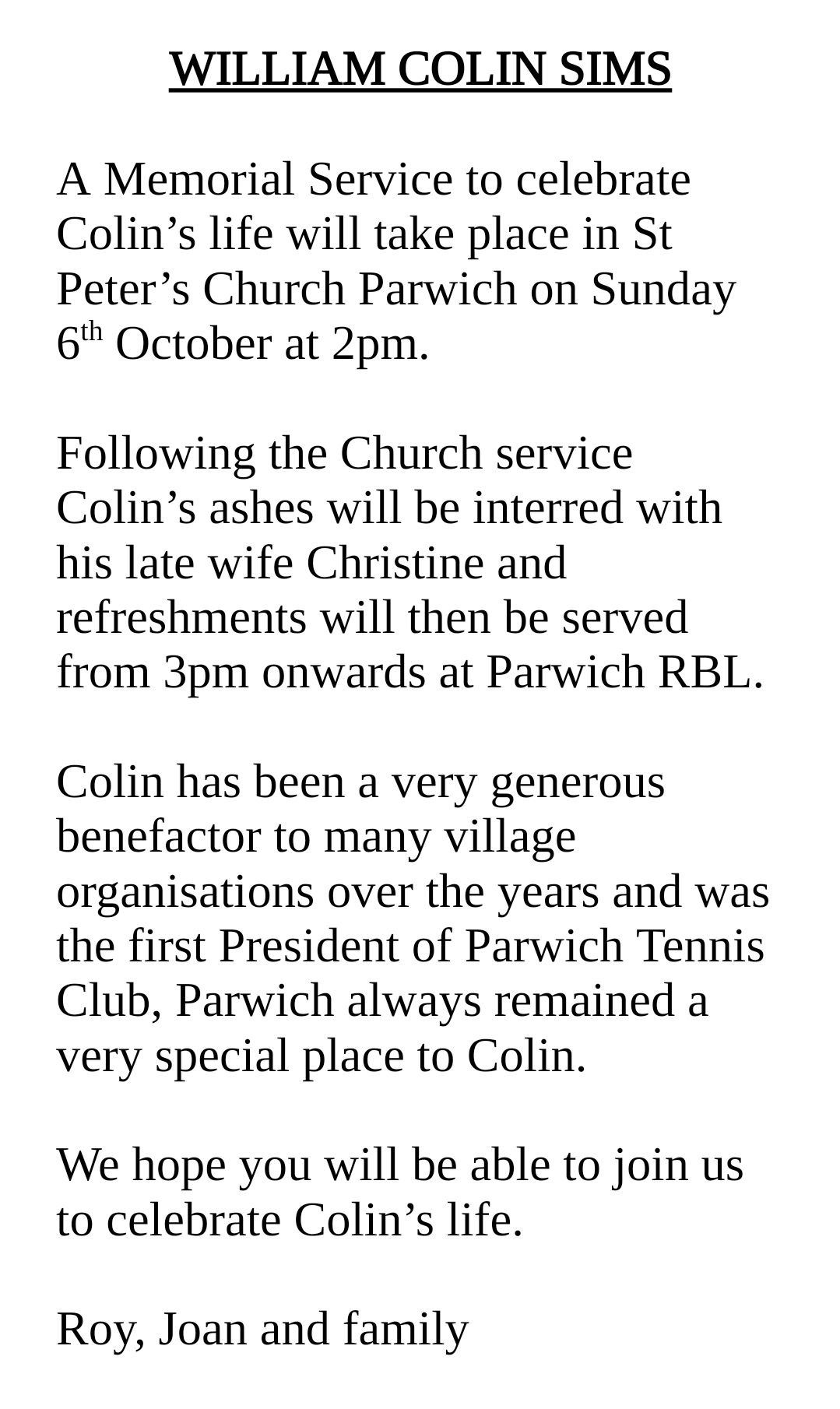 Memorial Service for Colin Sims | PARWICH.ORG