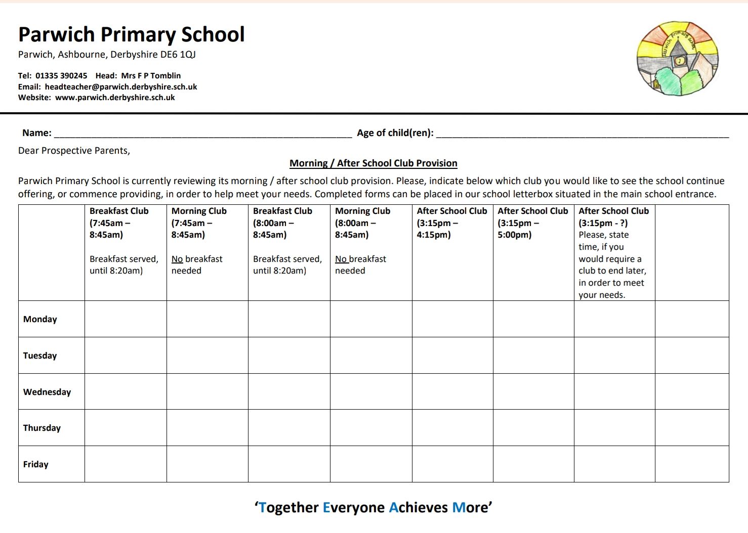 Parwich Primary School – Morning/After School Club Provision | PARWICH.ORG